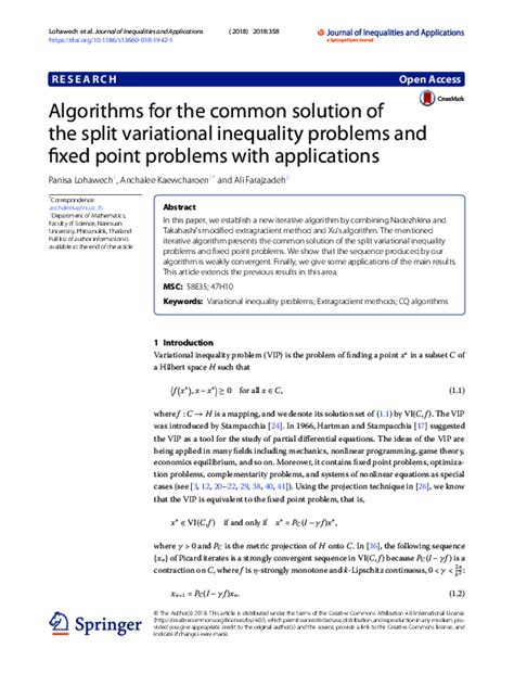 Pdf Algorithms For The Common Solution Of The Split Variational Inequality Problems And Fixed