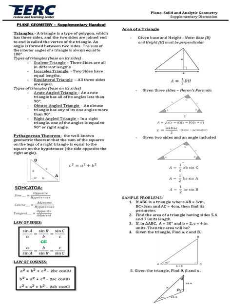 Supplementary Handout Plane Solid Analytic Geom Pdf Triangle Area