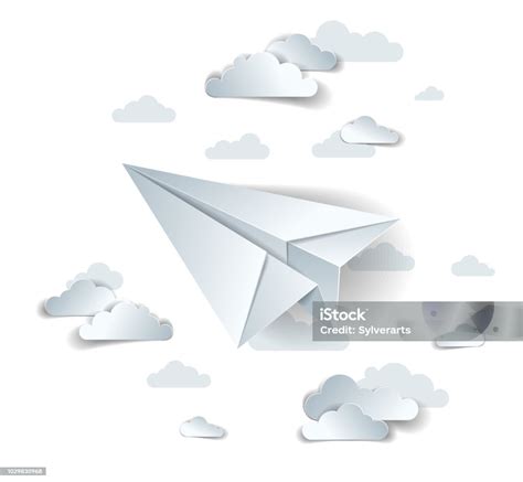 아름 다운 흐린 하늘 아름 다운 Cloudscape 벡터 일러스트 레이 션 항공사 항공 항공 여행 테마에 종이 접기 접는 장난감 비행기에에서 비행 하는 종이 비행기 3차원