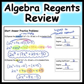 Combining Like Terms And Operations On Polynomials Algebra Regents Review