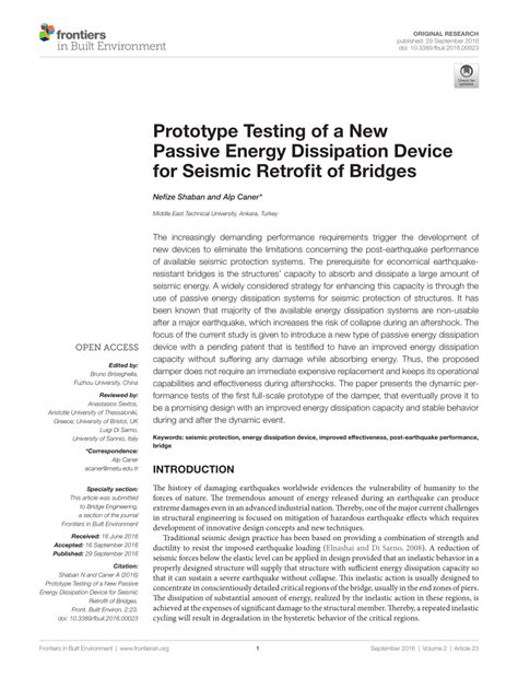 Pdf Prototype Testing Of A New Passive Energy Dissipation Device For Seismic Retrofit Of Bridges