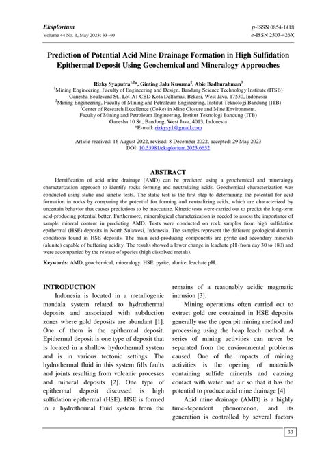 Pdf Prediction Of Potential Acid Mine Drainage Formation In High Sulfidation Epithermal