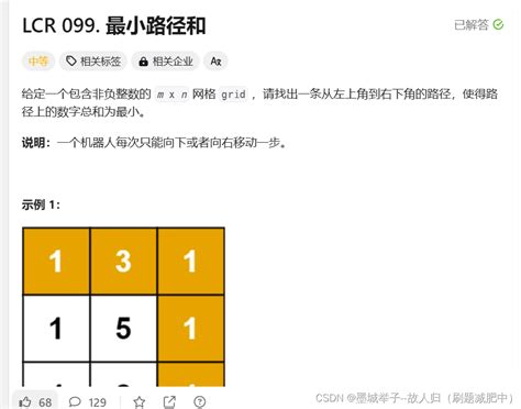 力扣动态规划：最小路径和 Csdn博客