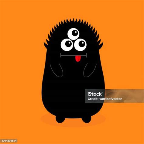 몬스터 검은 실루엣입니다 오픈 입입니다 3 눈 혀 손입니다 재미 있은 귀여운 만화 아기 캐릭터입니다 즐거운 할로윈 보내세요 평면 디자인입니다 오렌지 배경입니다 격리 0명에