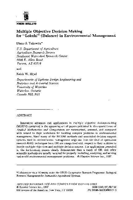 Pdf Multiple Objective Decision Making For “lokahi” Balance In Environmental Management