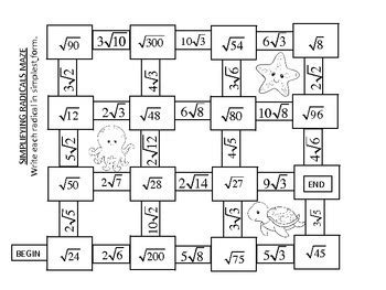 Algebra Simplifying Radicals Maze By Teaching High School Math TpT