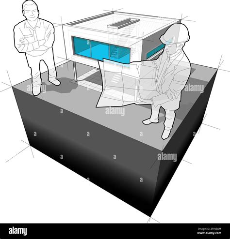 3d Illustration Of Modern House Or Functionalistic Villa And Architect With Happy Man Standing