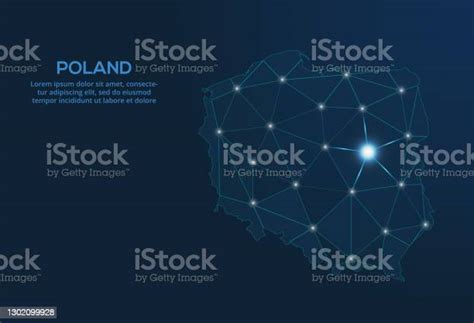 폴란드 통신 네트워크 지도 도시의 형태로 조명이 있는 전역 맵의 낮은 폴리 이미지를 벡터로 표시합니다 별자리 음소거 및 별의 형태로지도 0명에 대한 스톡 벡터 아트 및 기타