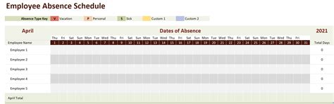 Employee Absence Schedule ~ Excel Templates