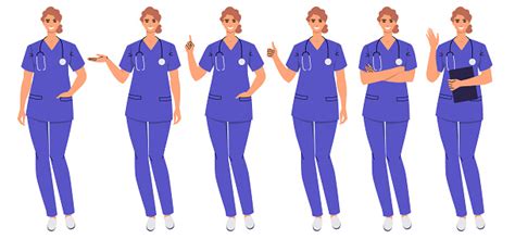 간호사는 다양한 포즈와 몸짓으로 서 있습니다 플랫 스타일의 웃는 의사 캐릭터 세트 손 엄지 손가락 접힌 손 인사 검지 손가락