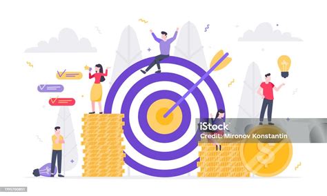 대상 캐릭터 사람 및 돈 기호와 함께 작업 하는 작은 사람들 문자 팀워크 및 시간 관리 개념 플랫 스타일 디자인 벡터 일러스트 레이션 격리 된 흰색 배경입니다 개념에 대한