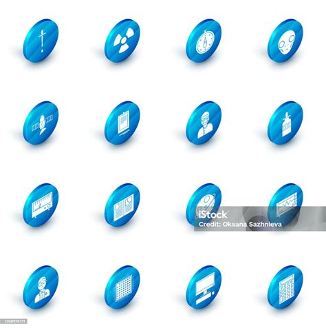 방사성 나침반 외계 외계인 얼굴 위성 전기 측정 기기 문서클립보드 유리 병 파이펫 및 보조 아이콘을 설정합니다 벡터 3차원