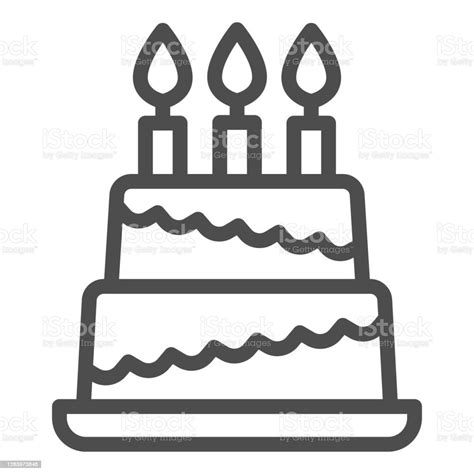 생일 층 케이크 라인 아이콘 생일 컵 케이크 개념 흰색 배경에 두 계층 케이크 기호 초콜릿 유약과 촛불 아이콘이있는 디저트는