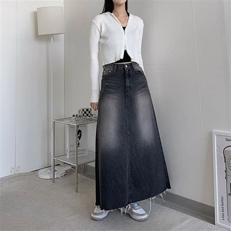 럽멜트 힙한핏빈티지색감 블랙 진스 워싱 데님 롱 스커트