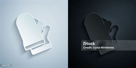 종이 컷 보호 장갑 아이콘은 회색과 검은색 배경에 분리되어 있습니다 보호복 및 공구 작업자 종이 아트 스타일 벡터 3차원 형태에 대한 스톡 벡터 아트 및 기타 이미지