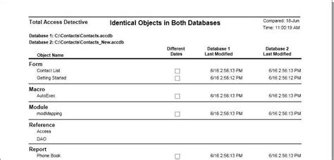 Sample Reports Of Microsoft Access Database And Object Comparison Results From Total Access