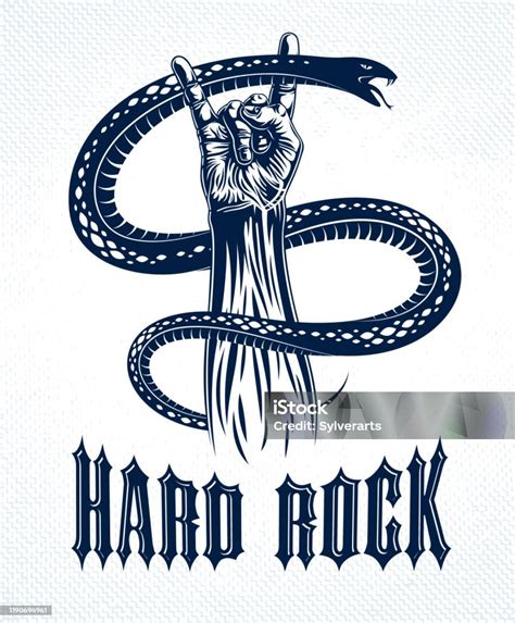 공격적인 뱀 뜨거운 음악 로큰롤 제스처와 뱀 하드 록 축제 콘서트 또는 클럽 벡터 라벨 엠블럼 또는 로고 악기 가게 또는 녹음 스튜디오와 록 손 기호 뱀에 대한 스톡 벡터