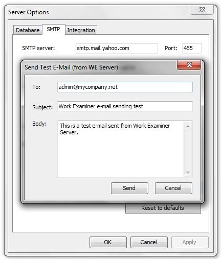 SMTP Settings Help Work Examiner