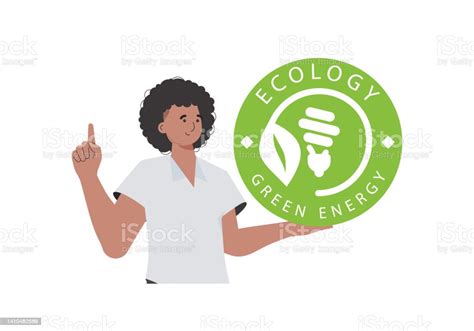 한 남자가 Eco 로고를 손에 쥐고 있습니다 캐릭터는 허리에 묘사됩니다 생태학과 녹색 에너지의 개념 격리 벡터 추세 일러스트레이션 남자에 대한 스톡 벡터 아트 및 기타