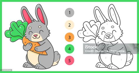당근을 곁들인 귀여운 토끼와 함께 아이들을 위한 숫자로 색칠하기 책 색칠 예제가 있는 만화 토끼가 있는 색칠 공부 페이지 블랙 앤 화이트 및 컬러 버전 벡터 일러스트 레이