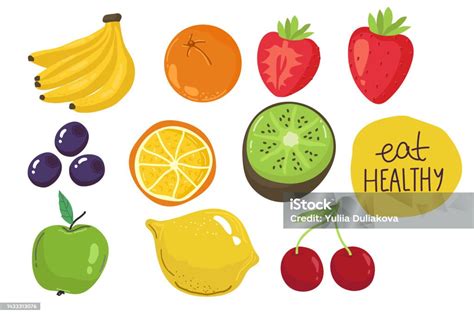 만화 스타일의 육즙이 많은 과일과 채소의 벡터 세트 건강한 생활 방식 채식주의 가지 채소에 대한 스톡 벡터 아트 및 기타 이미지