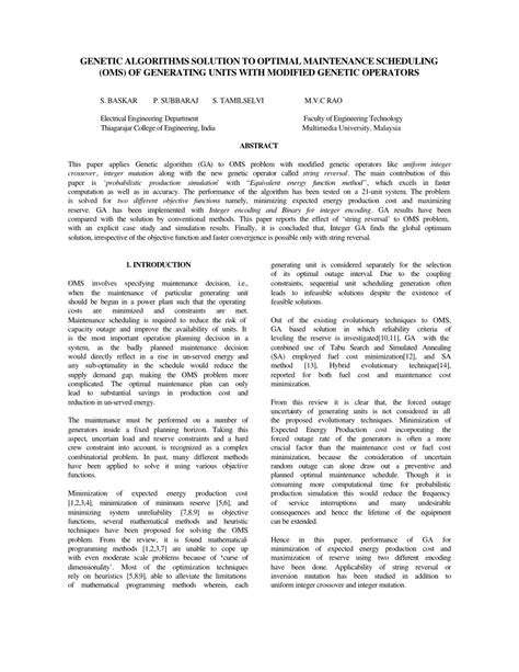Pdf Genetic Algorithms Solution To Optimal Maintenance Scheduling Oms Of Generating Units