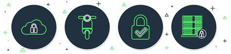 Set Line Scooter Lock And Check Mark Cloud Computing Lock And Server Security With Icon Vector