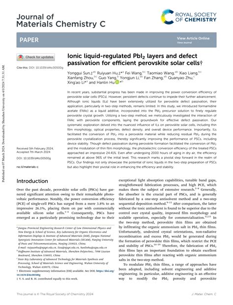 Pdf Ionic Liquid Regulated Pbi2 Layer And Defect Passivation For Efficient Perovskite Solar Cells