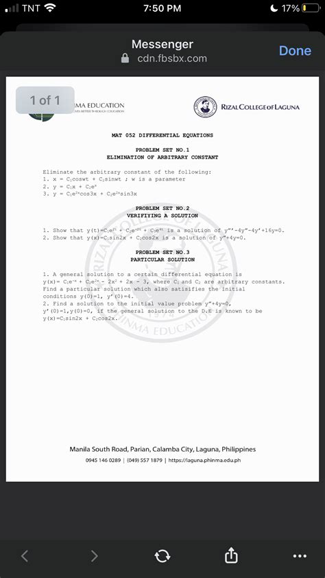 Problem Set No 1 Elimination Of Arbitrary Constants Eliminate The Arbit