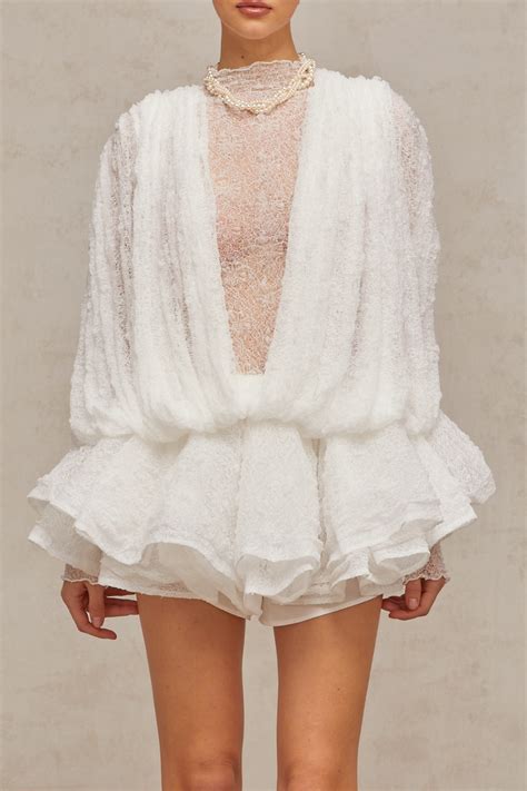 Isoline White Semi Sheer Lace Top And Shorts And Dress Matching Set