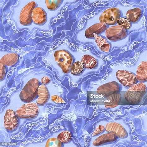 해안 파도 자갈 매끄러운 여름 바다 손으로 그린 수채화 패턴 배경 일러스트 수중에 대한 스톡 벡터 아트 및 기타 이미지 수중 수채화 바다 거품 Istock