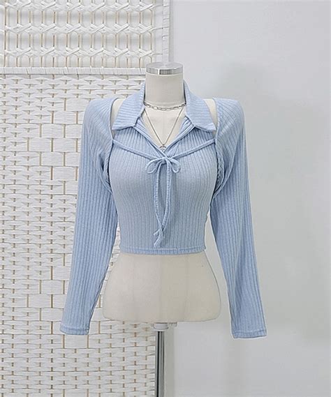 11할인세트가격섹시글램힙한꾸안꾸유니크여리핏하이틴룩몸매보정허리잘록 키머 골지 니트 탑 크롭 긴팔 리본 볼레로 가디건 카라 홀터넥 나시 투피스 레이어드