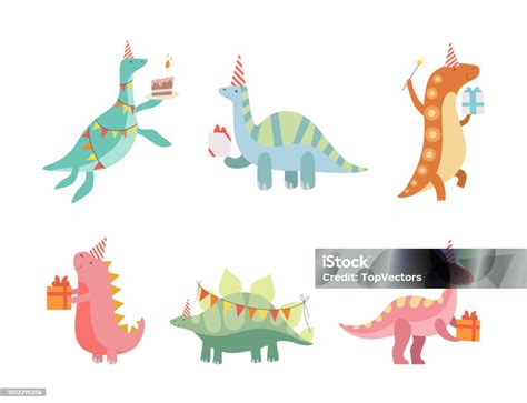 생일 축하 벡터 세트를 축하하는 선물 상자가 있는 파티 모자를 쓴 귀여운 공룡 0명에 대한 스톡 벡터 아트 및 기타 이미지 0명 공룡 공휴일 Istock