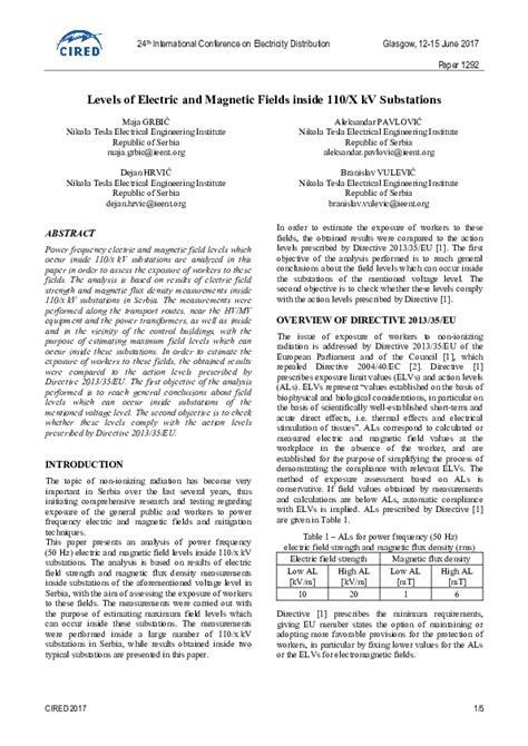 Pdf Levels Of Electric And Magnetic Fields Inside 110 X Kv Substations Branislav Vulević