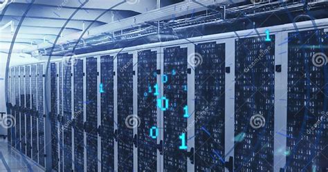 Image Of Looping Binary Codes In Circular Tunnel Over Bars On Server Racks In Server Room Stock