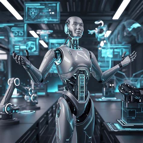 High Tech Futuristic Robot In Advanced Laboratory With Holographic Displays 3d Render Stock