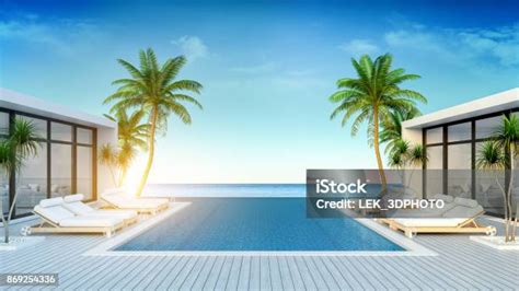 현대 빌라 비치 라운지 태양 Loungers 일광욕 갑판 및 개인 수영장 및 탁 트인 바다 전망 3d 렌더링 별장에 대한 스톡 사진 및 기타 이미지 Istock