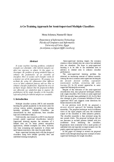 Pdf A Co Training Approach For Semi Supervised Multiple Classifiers
