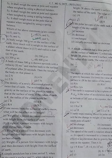 A Simple Pendulum Has A Time Period T1 When Left G 9 8 Ms−2 R 6 4×106 Mi