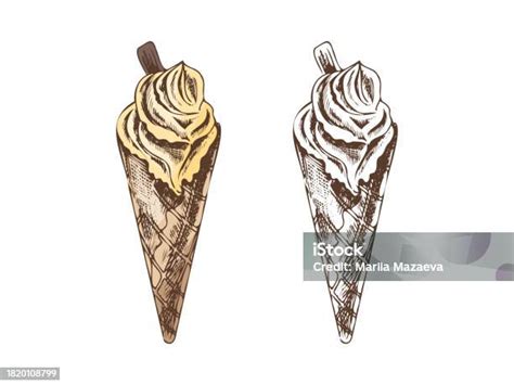 손으로 그린 컬러 및 흑백 스케치 와플 콘 세트와 냉동 요구르트 또는 쿠키를 곁들인 아이스크림 빈티지 일러스트입니다 라벨 포장 및 엽서의 요소 아이스크림 콤비 검은색에 대한