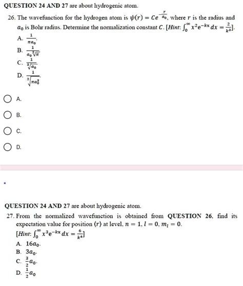 Solved Question 24 And 27 Are About Hydrogenic Atoms 26 The