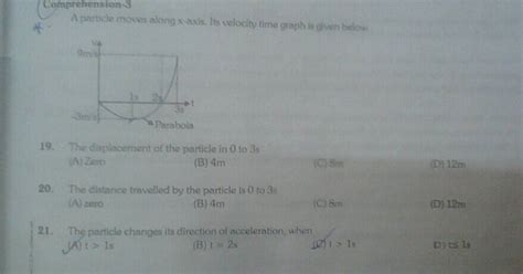 Comprehensions A Particle Moves Along X Axis Its Velocity Time Graph Is Given Below Parabola