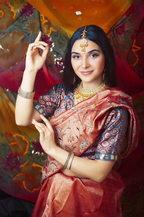 Beauty Sweet Real Indian Girl In Sari Smiling Cheerful Jewelry Shining