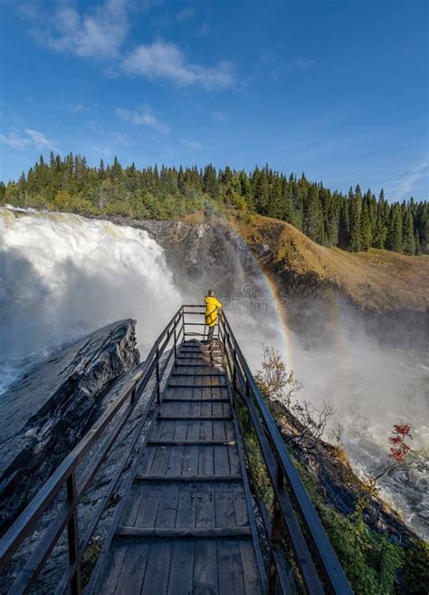 Girls Standing On Viewpoint Bridge Waterfall Tannforsen Northern Sweden