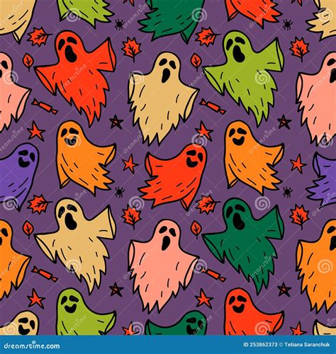 Vector Halloween Seamless Pattern With Cute Ghosts On Dark Stock Vector