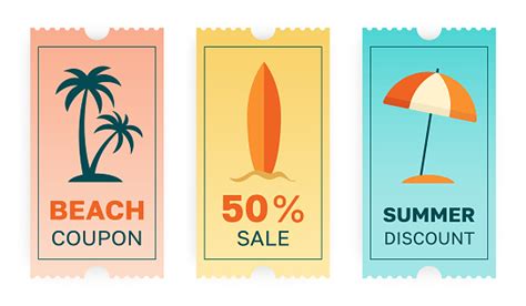 신나는 여름 세일 할인 쿠폰 야자수 우산 서핑 보드와 같은 해변 요소가 특징인 다채로운 여름 테마 할인 티켓 3장 세트 벡터 일러스트 레이 션 Publicity Event에