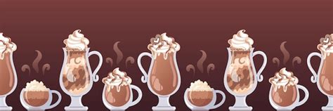 다양한 종류의 커피 카푸치노 라떼 유리와 모카 핫초콜릿이 있는 가로 테두리 프리미엄 벡터