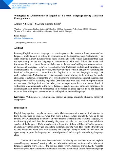 Pdf Willingness To Communicate In English As A Second Language Among Malaysian Undergraduates