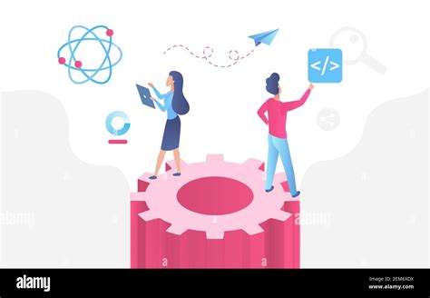 Working Process Abstract Technology Vector Illustration Cartoon Man Woman Analyst Office