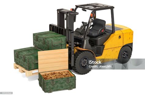 포크 리프트 트럭 3d 소총 총알의 전체 군 나무 탄약 상자 렌더링 군사에 대한 스톡 사진 및 기타 이미지 군사 지게차 3차원 형태 Istock